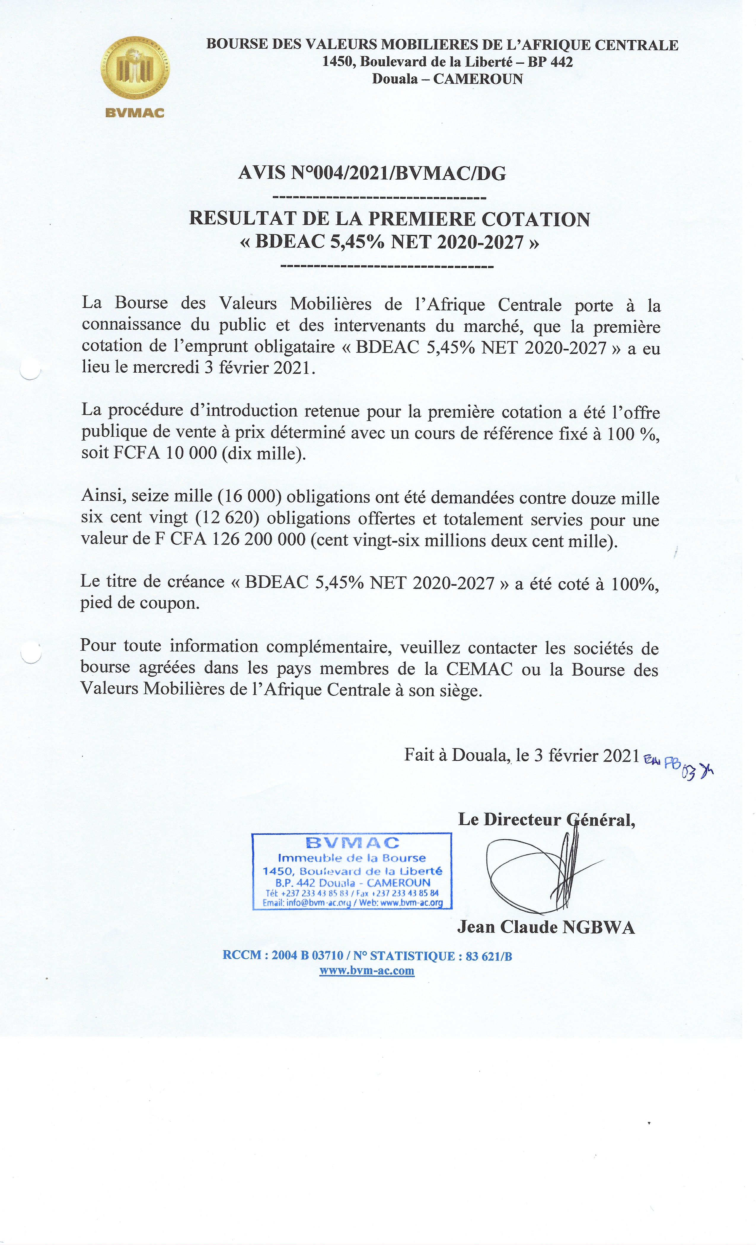 Avis N°004/2021/BVMAC/DG Résultat de la première cotation « BDEAC 5,45% ...