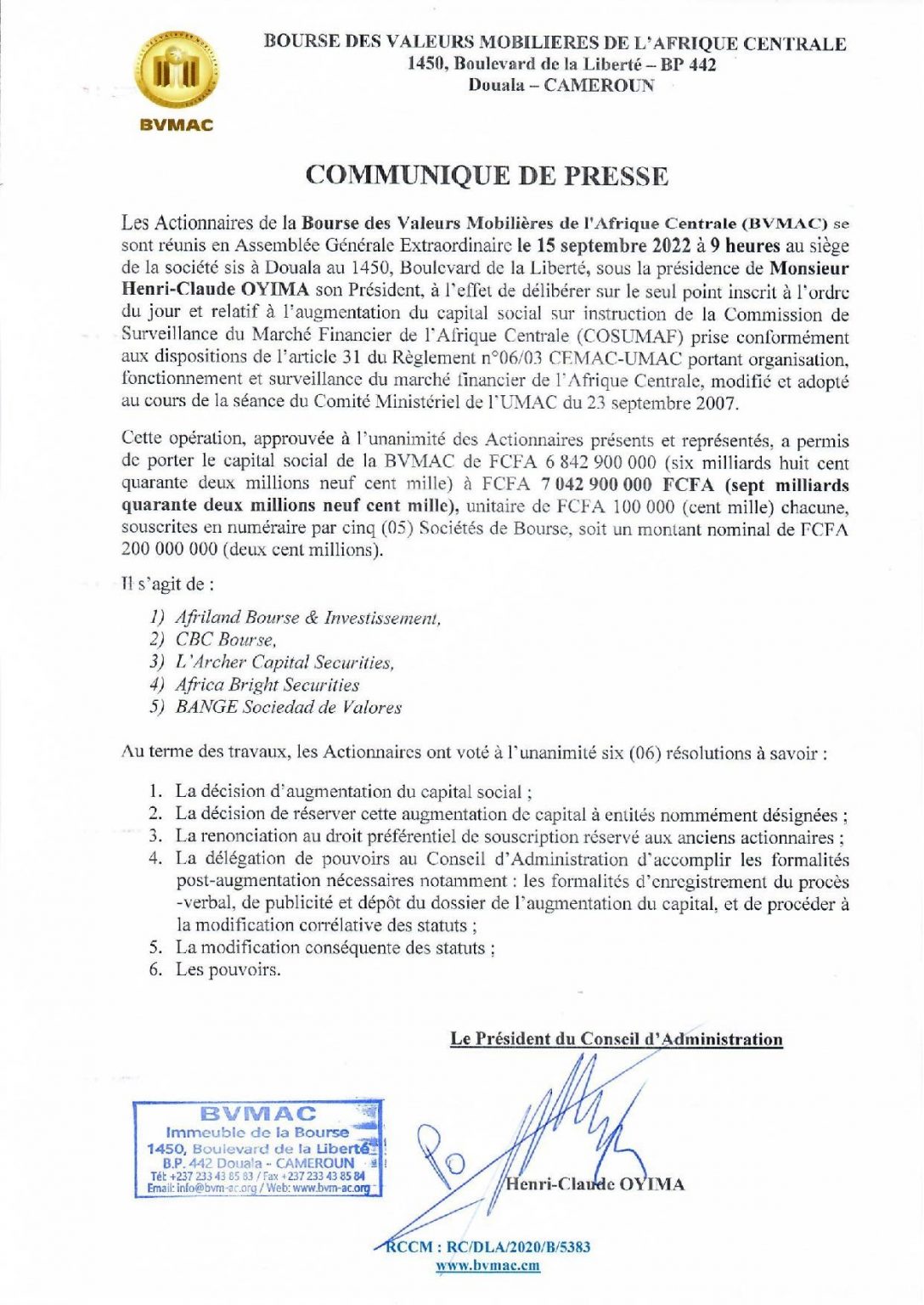 Communiqué de presse- Assemblée Générale Extraordinaire de la BVMAC du ...