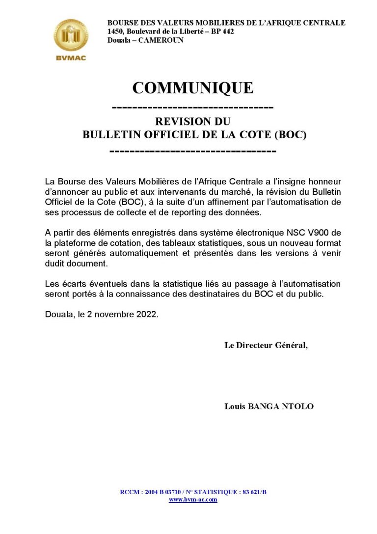 Communiqué BVMAC- Révision du Bulletin Officiel de la Cote du Mois de ...