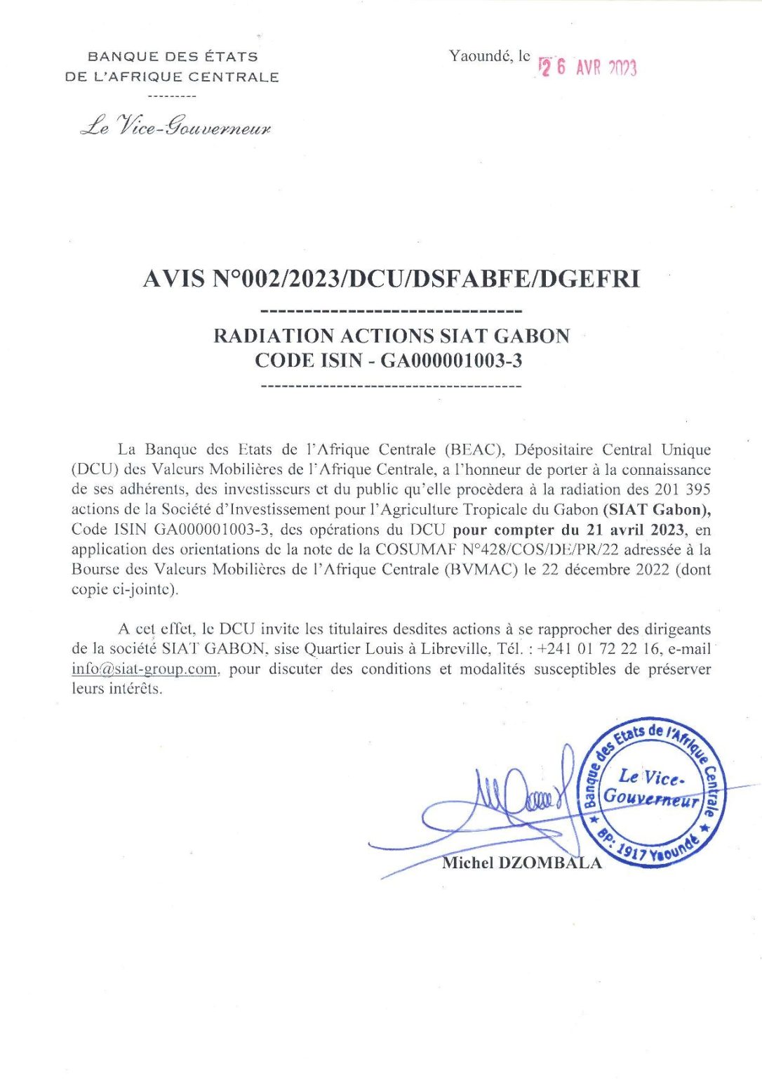 DCU: Avis n°002/2023/DCU/DSFABFE/DGEFRI relatif à la radiation des ...