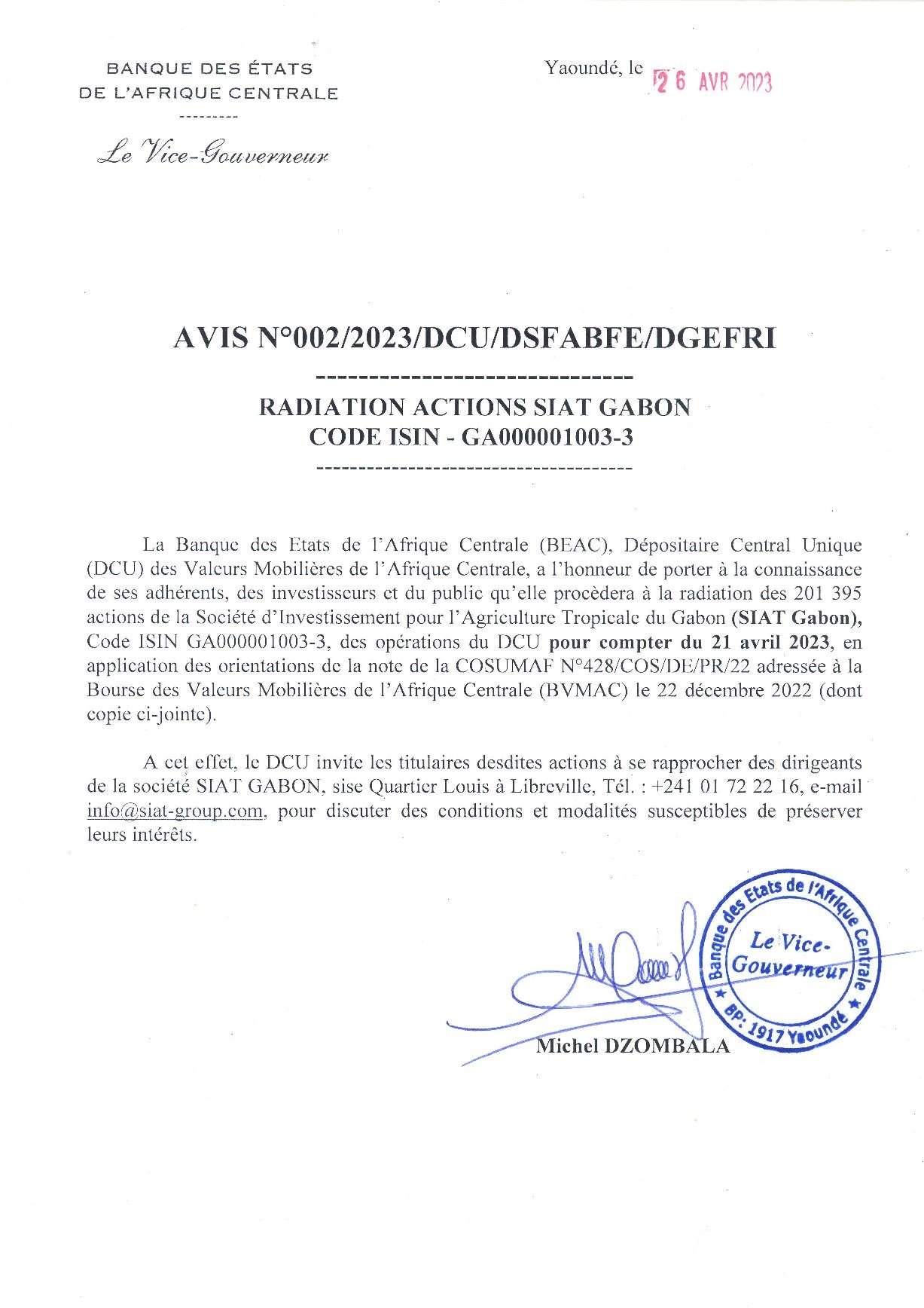 DCU: Avis n°002/2023/DCU/DSFABFE/DGEFRI relatif à la radiation des ...