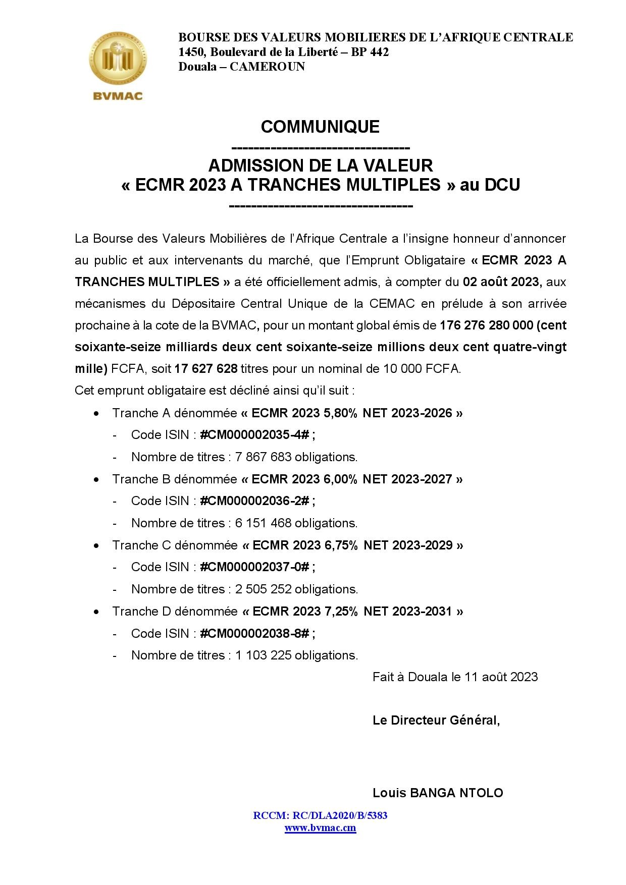 Communiqué BVMAC- Admission de « ECMR 2023 A TRANCHES MULTIPLES » au DCU - BVMAC: Bourse des ...