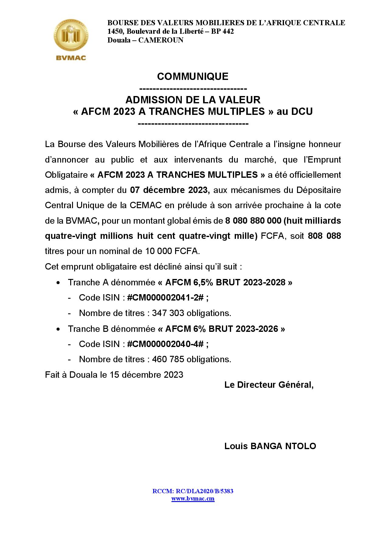 Communiqué BVMAC- Admission de la valeur « AFCM 2023 À TRANCHES ...
